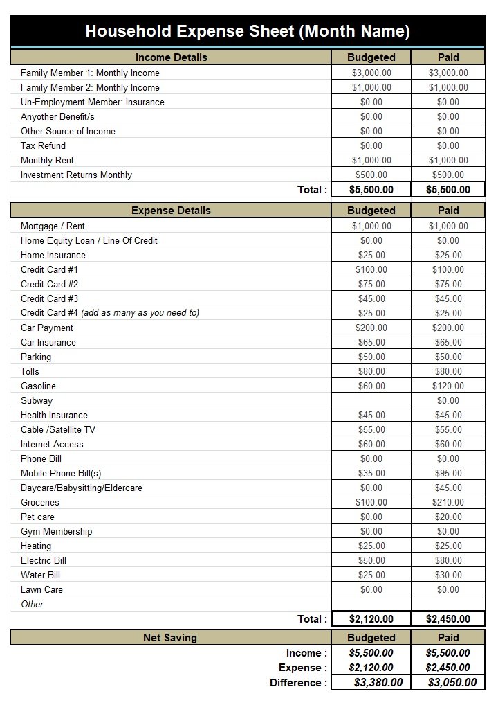 Household Expense Sheet Template Free Word Excel Templates
