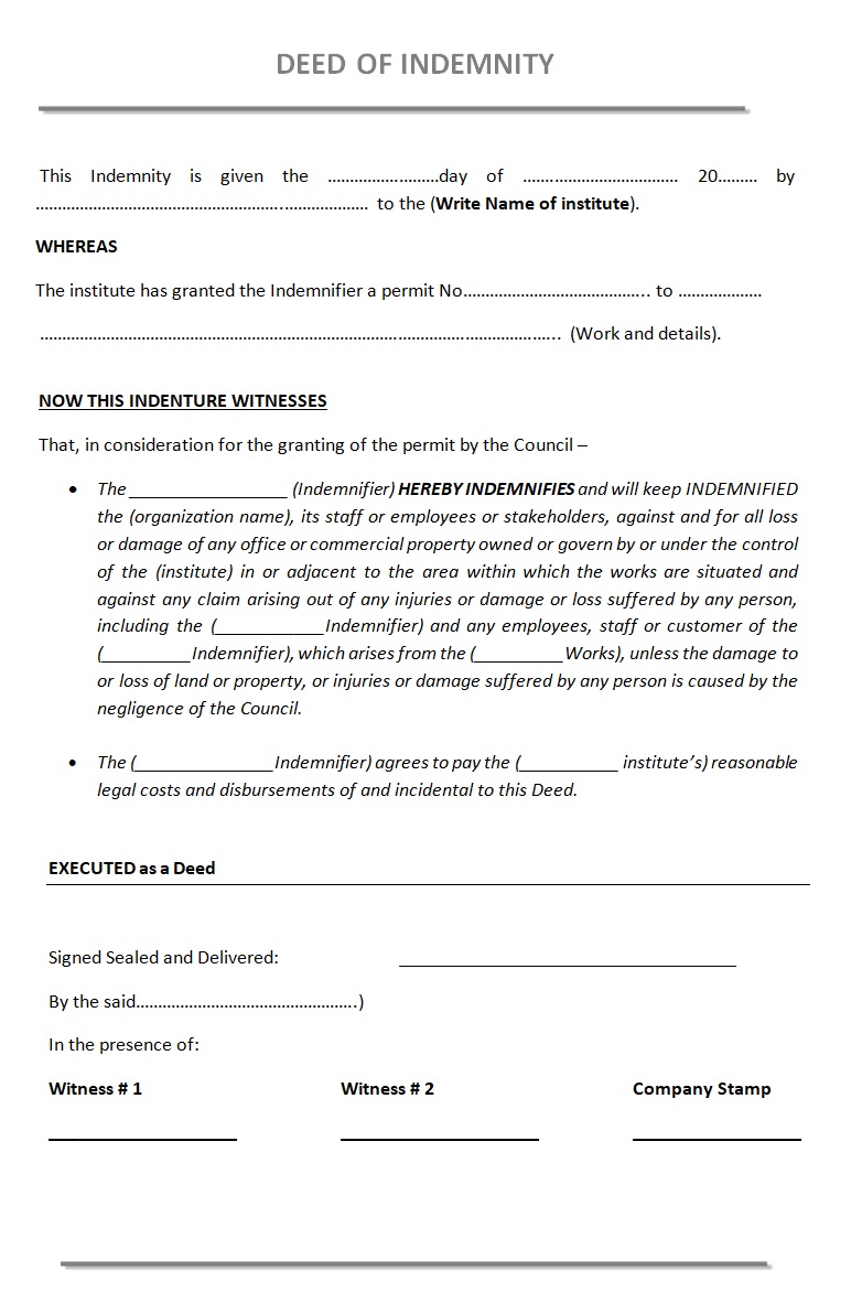 Deed of Indemnity Template MS Word | Free Word & Excel Templates Deed of Indemnity Template MS Word | Free Word & Excel Templates