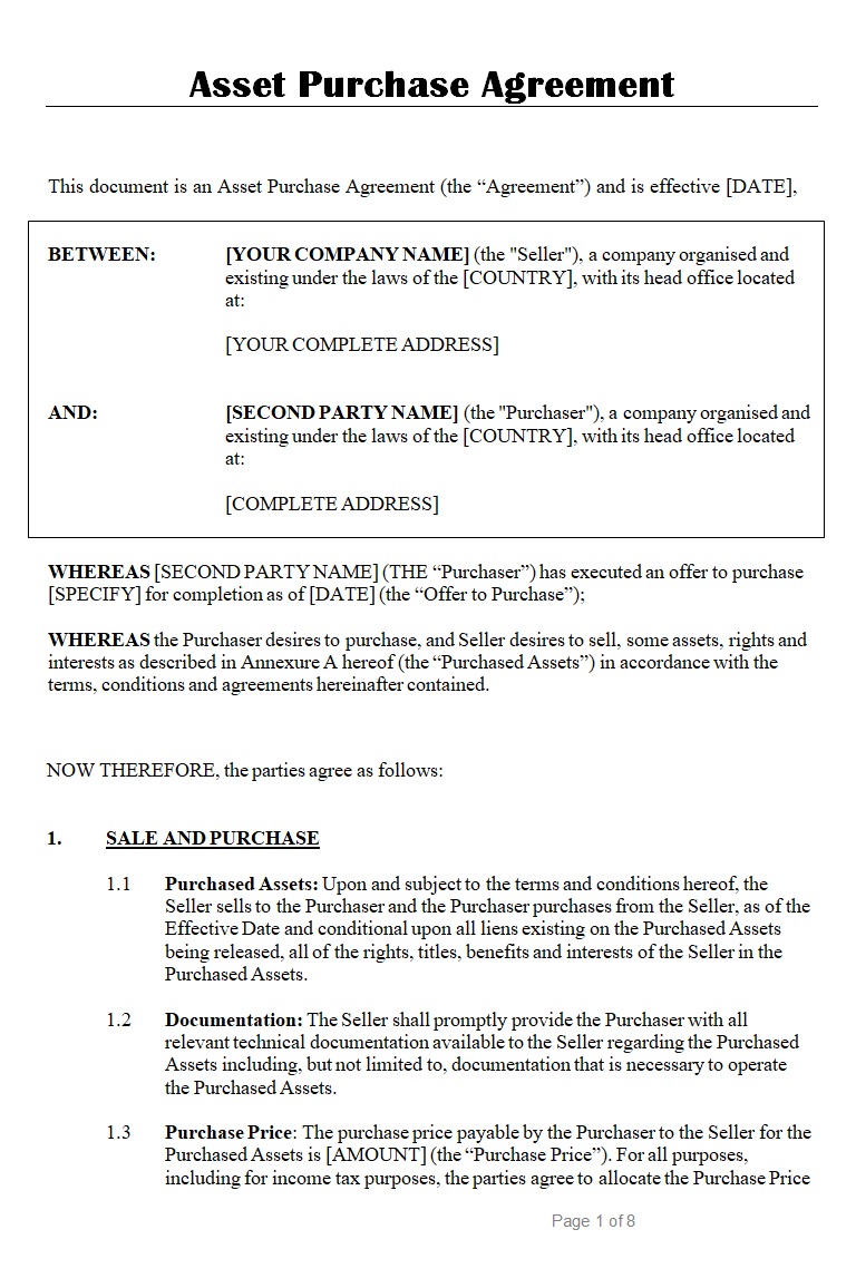 Asset Purchase Agreement Template MS Word | Free Word & Excel Templates