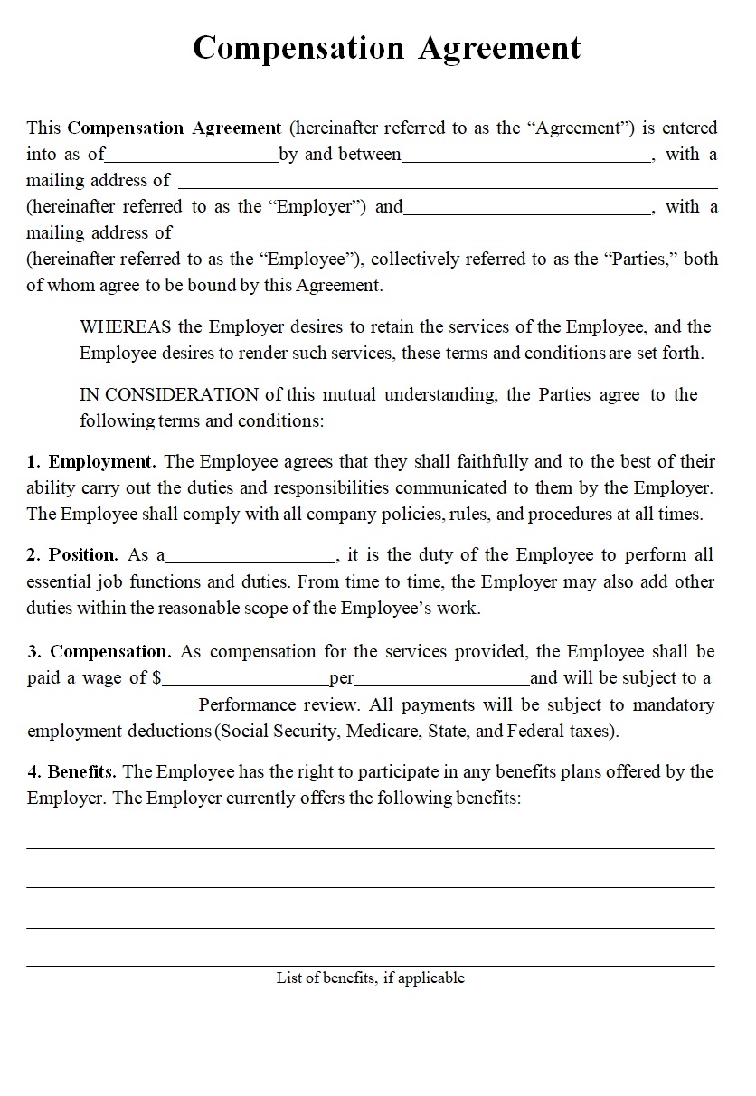 Compensation Agreement Templates | Free Word & Excel Templates