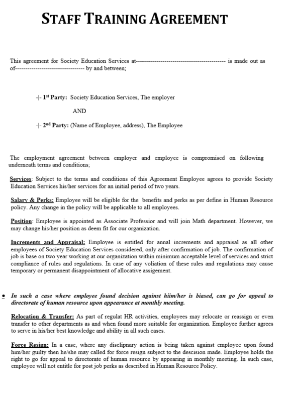 Staff Training Agreement Example | Free Word & Excel Templates
