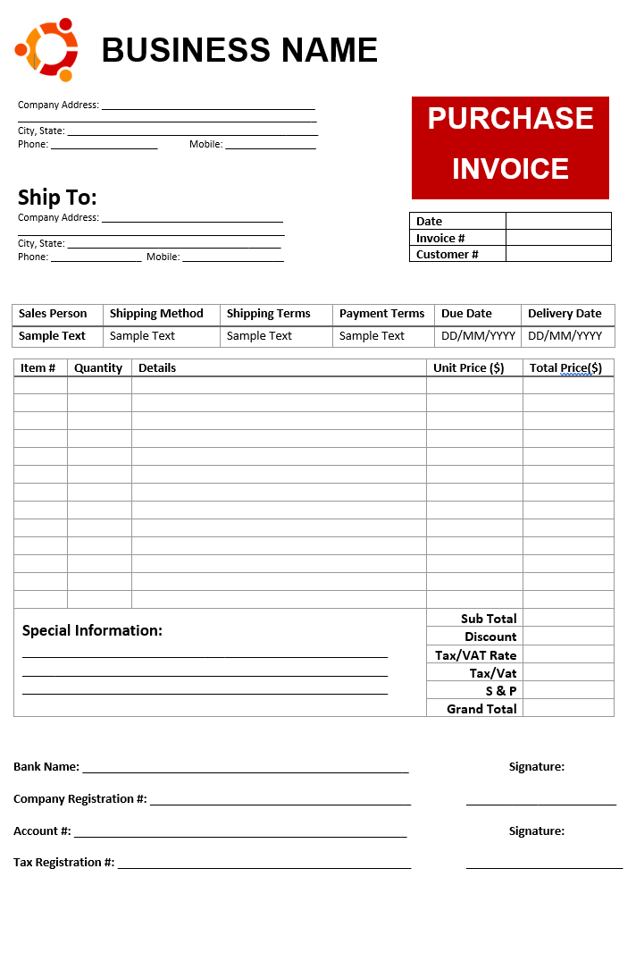 Purchase Invoice Template | Free Word & Excel Templates
