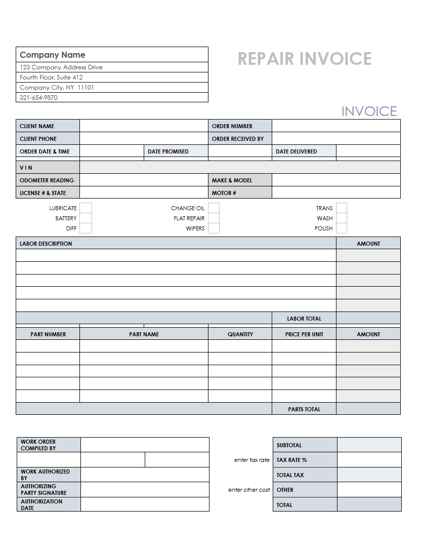 Repair Invoice Template | Free Word & Excel Templates